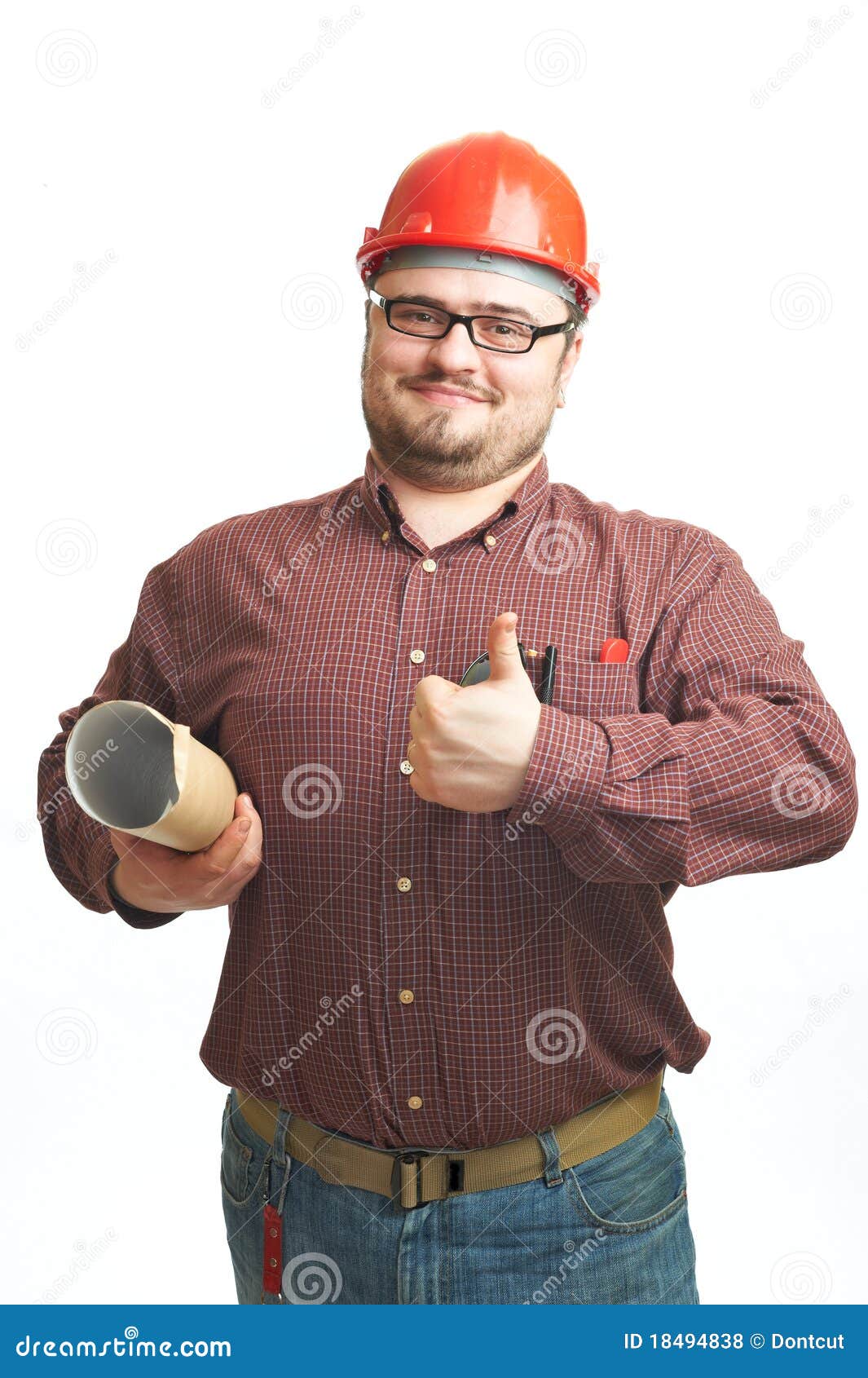 Serious Builder in Glasses and Red Hard Hat Stock Photo - Image of ...
