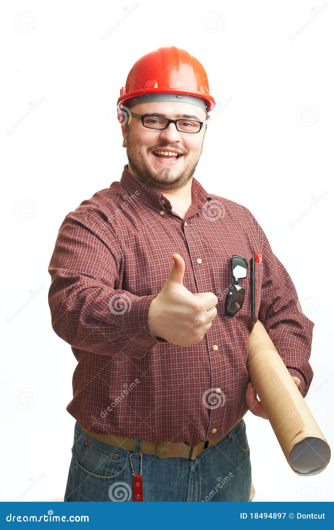 Serious Builder in Glasses and Red Hard Hat Stock Image - Image of ...