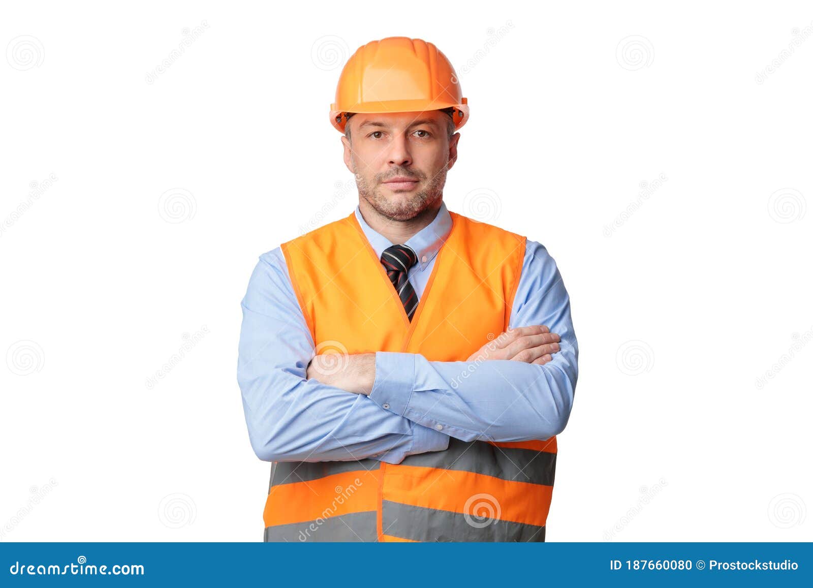 Serious Builder Man Posing Crossing Hands Standing Over White ...