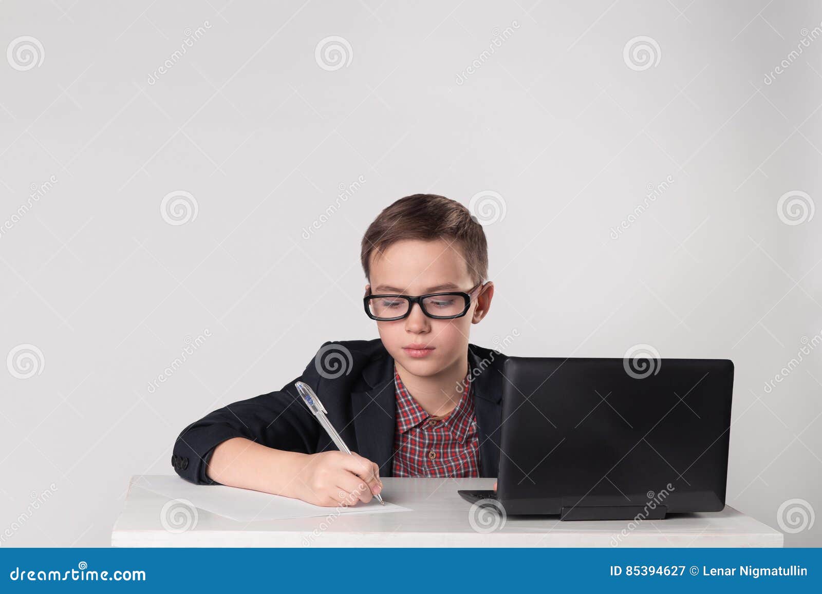 Serious Business Boy Writing with Pen Stock Image - Image of little ...