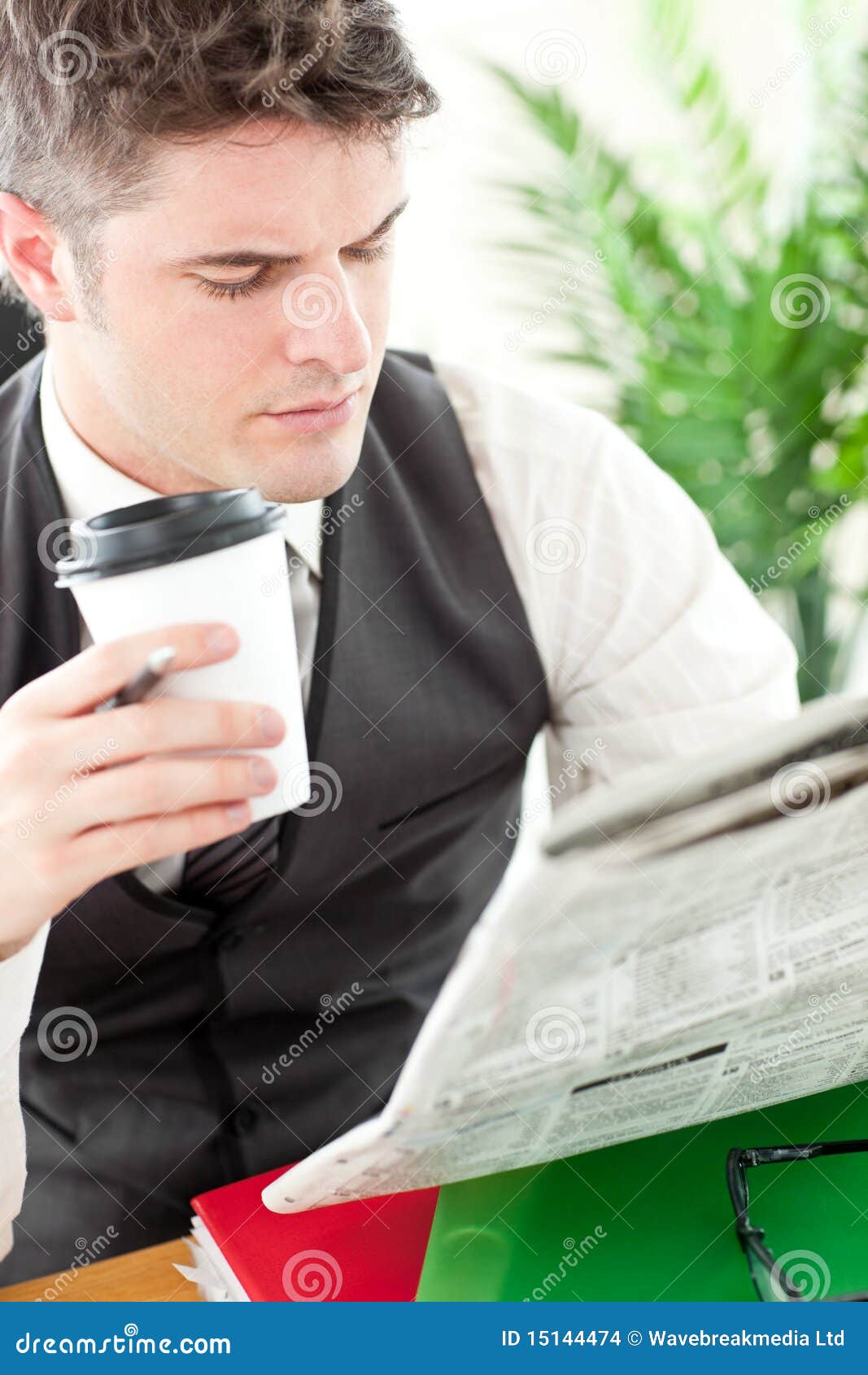 Serious Businessman Drinking Coffee Reading News Stock Photo - Image of ...