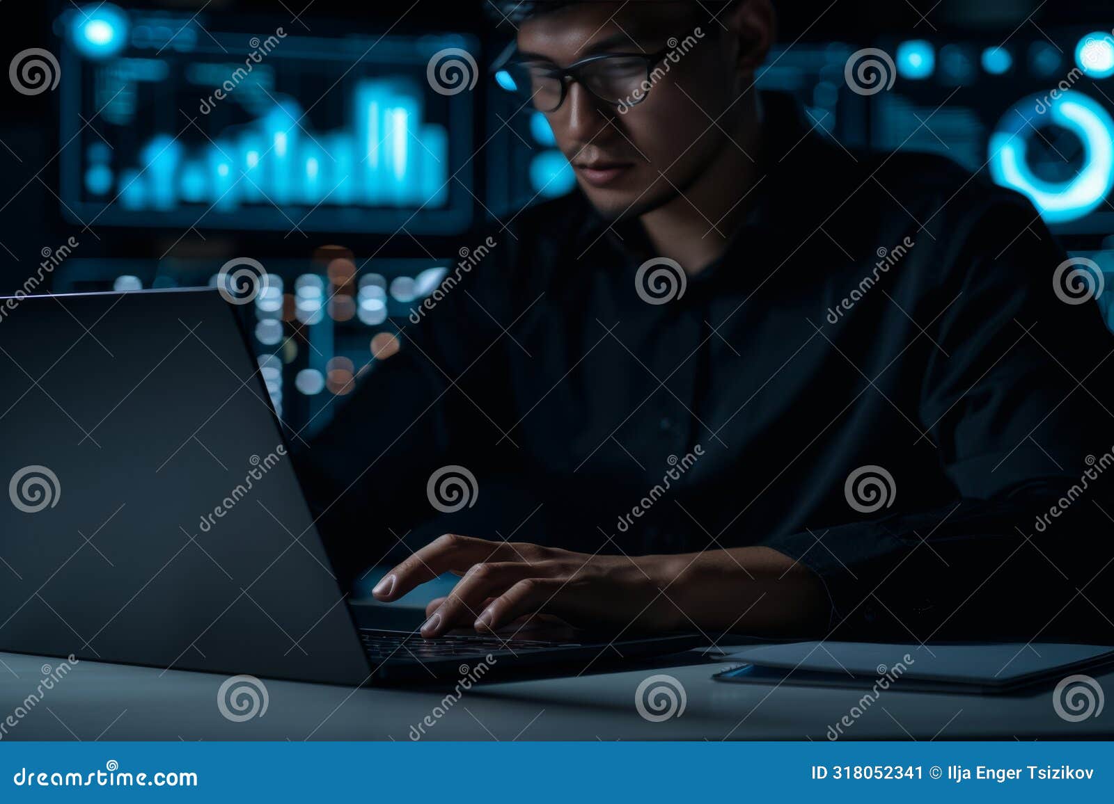 Serious Businessman Focused on Tasks, Working Intently on Laptop in ...