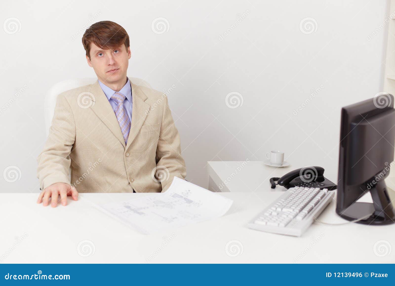 Serious Businessman on Workplace at Office Stock Photo - Image of blue ...