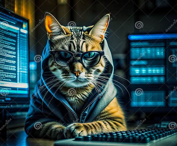 Serious Cat Hacker or Software Developer in a Room with Monitors. a Pet ...