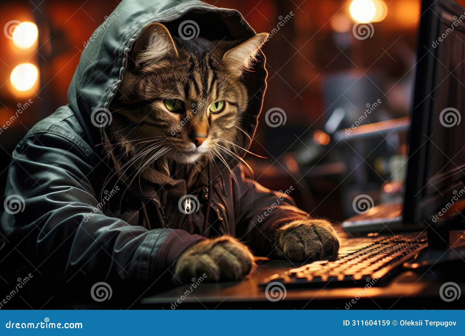 Serious Cat Hacker Working on the Computer Stock Illustration ...