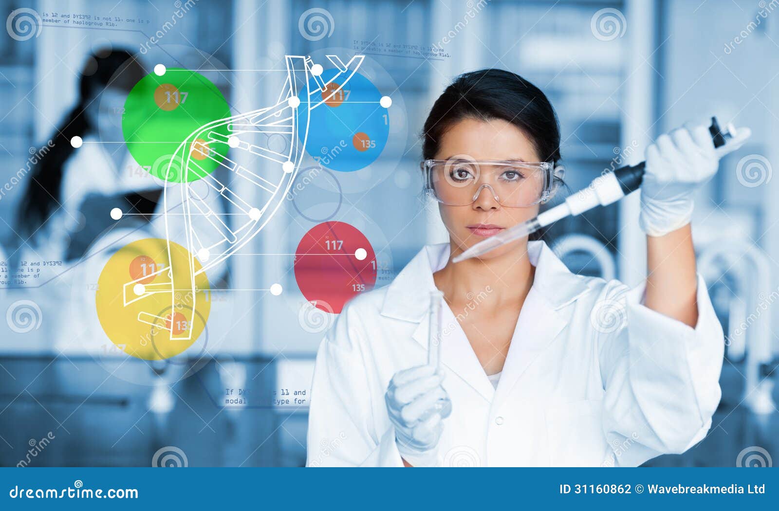 Serious Chemist Working with Colourful Dna Helix Diagram Inteface Stock ...