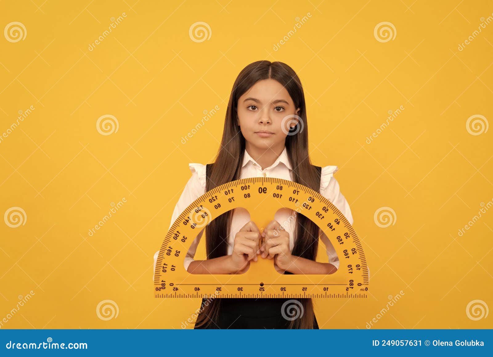 Serious Child in School Uniform Hold Mathematics Protractor for ...