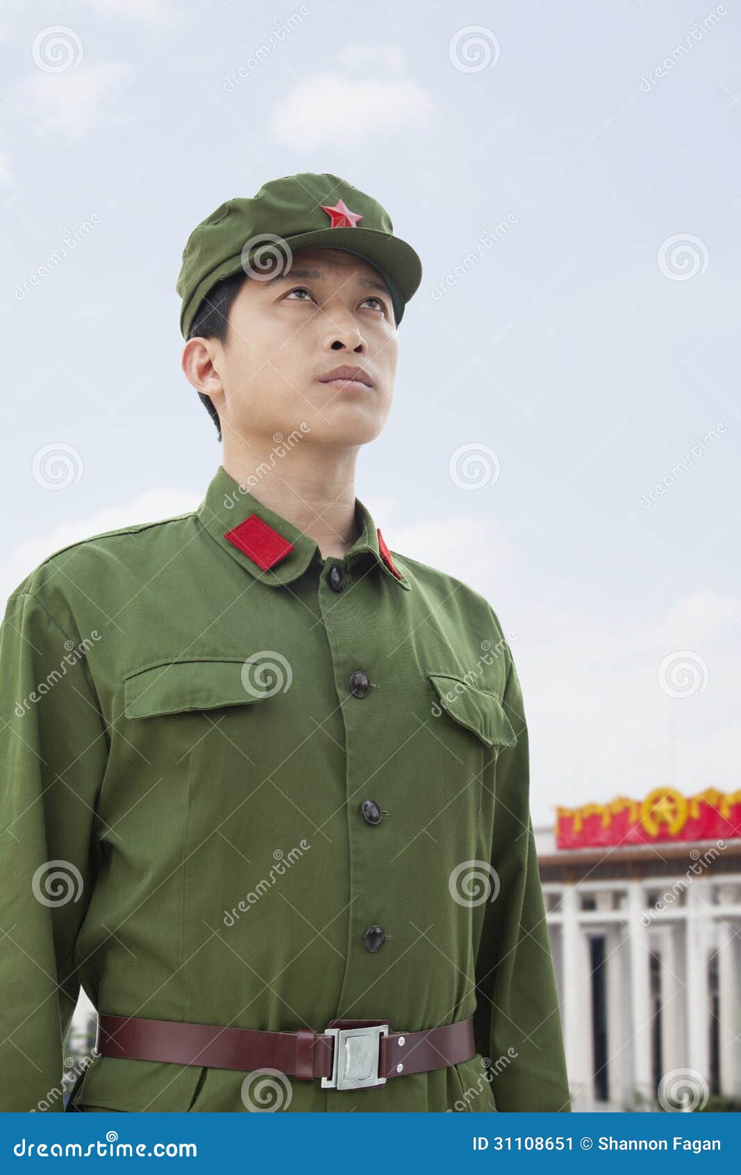 Serious Chinese Communist Solider Standing at Attention, Outdoors in ...