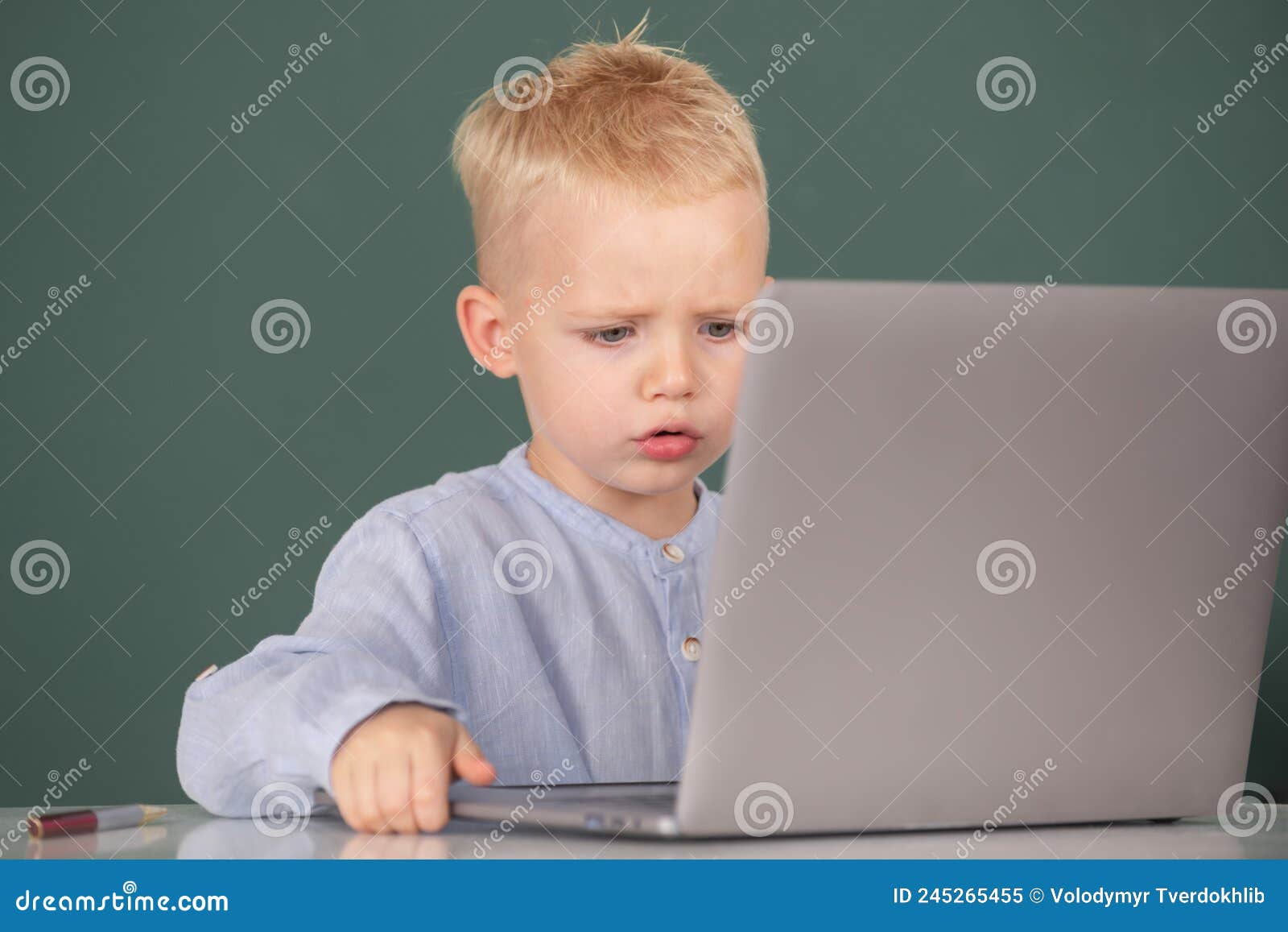 Serious Concentrate Child Using Laptop Computer, Kid Boy Studying ...