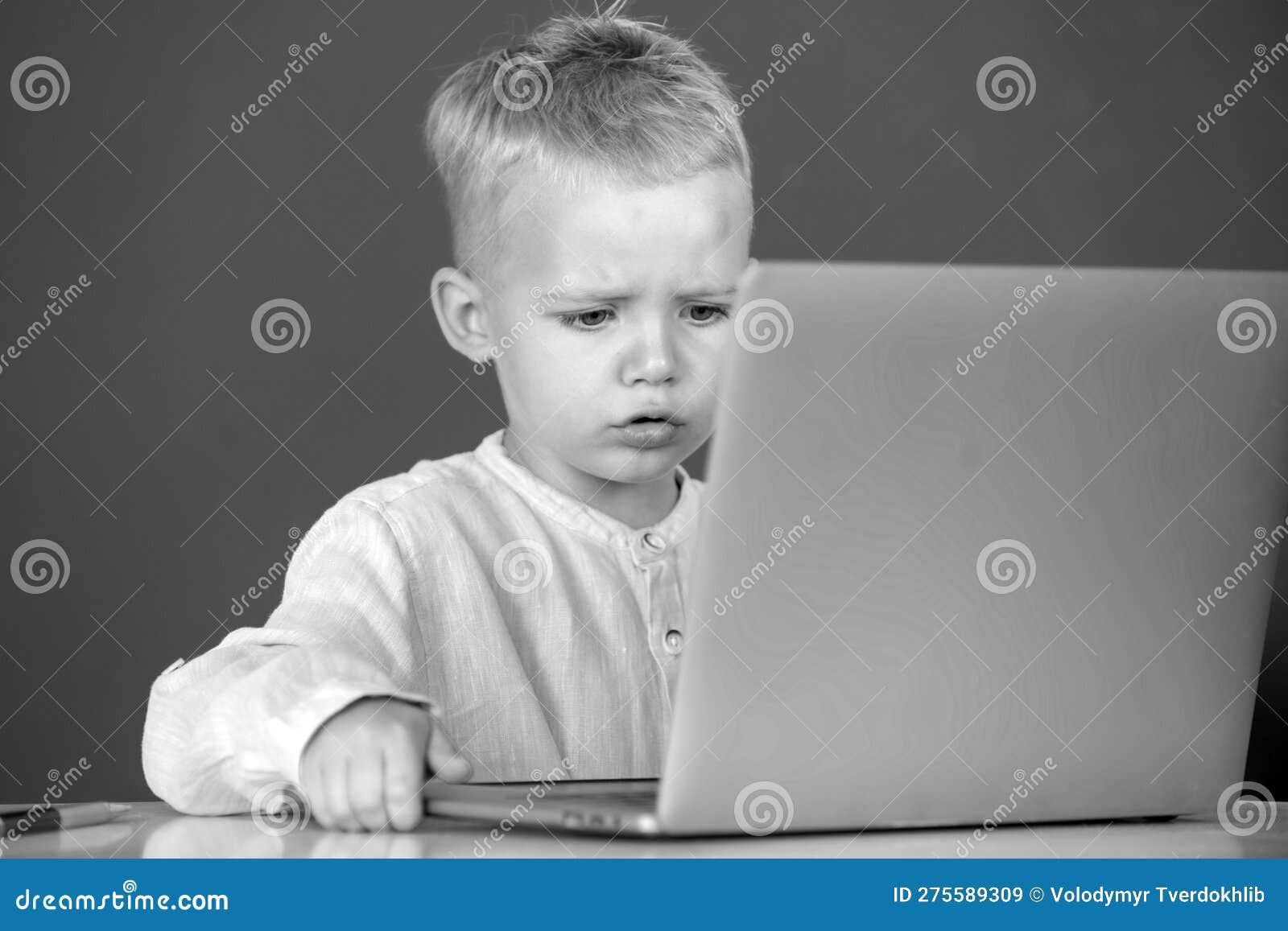 Serious Concentrate Child Using Laptop Computer, Kid Boy Studying ...