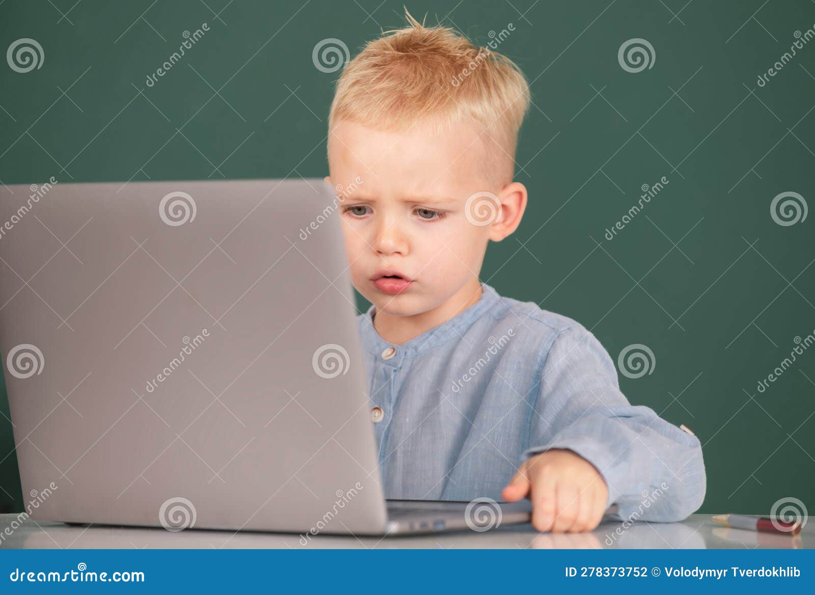 Serious Concentrate Child Using Laptop Computer, Kid Boy Studying ...