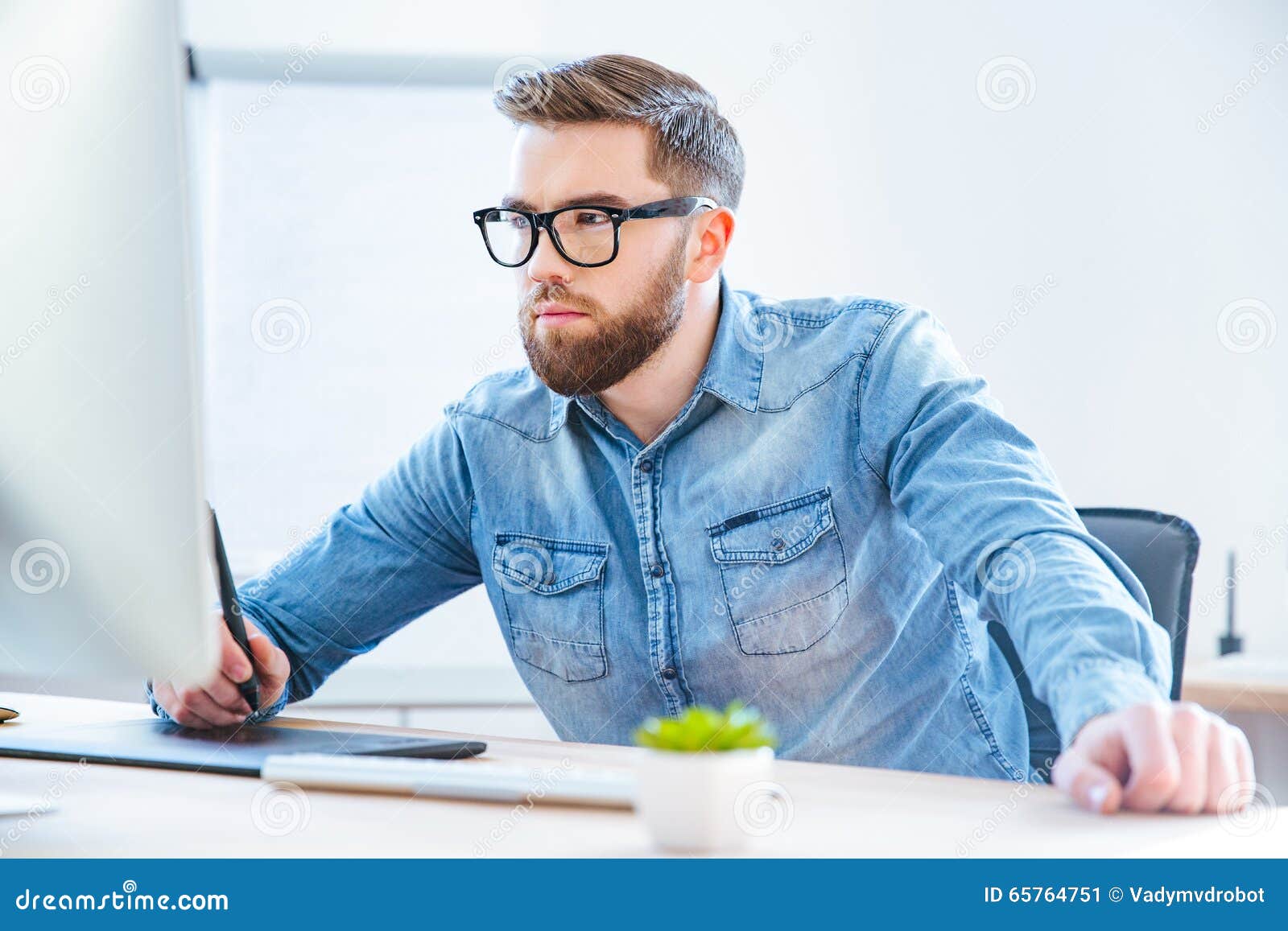 Serious Concentrated Man Designer Drawing with Graphic Pen Tablet Stock ...