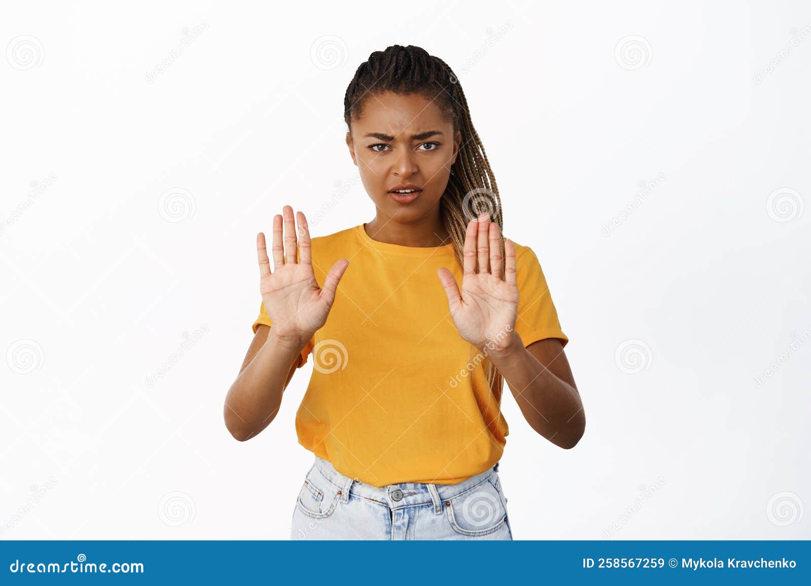 Serious And Concerned Black Woman Showing Stop No Rejection Gesture Refusing Smth Tell To