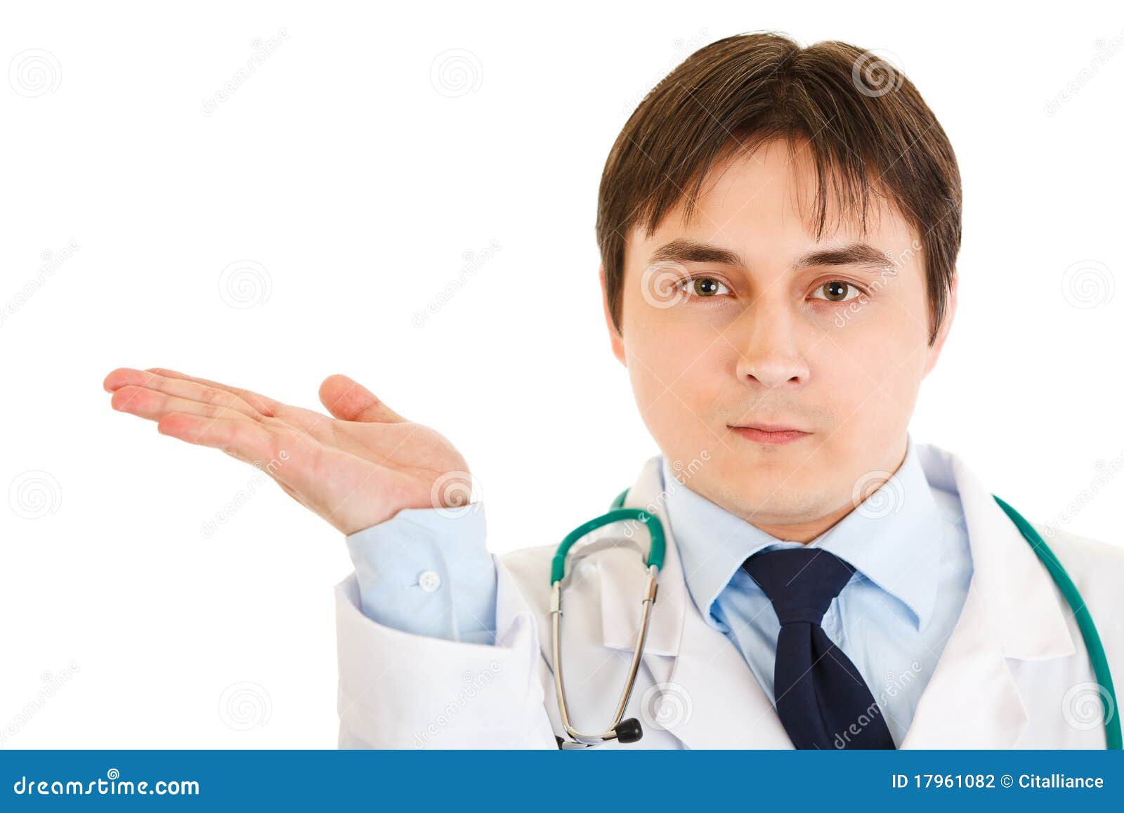 Serious Doctor Presenting Something on Empty Hand Stock Photo - Image ...