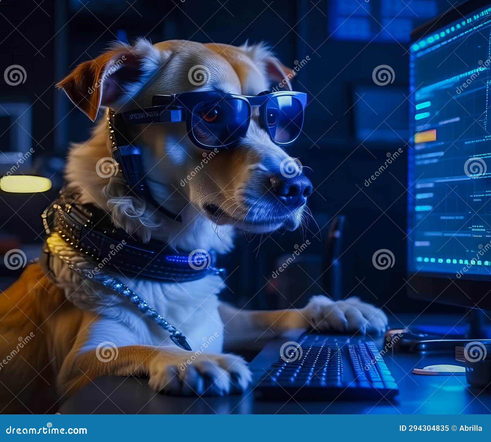 Serious Dog Hacker or Software Developer in a Room with Monitors. a Pet ...