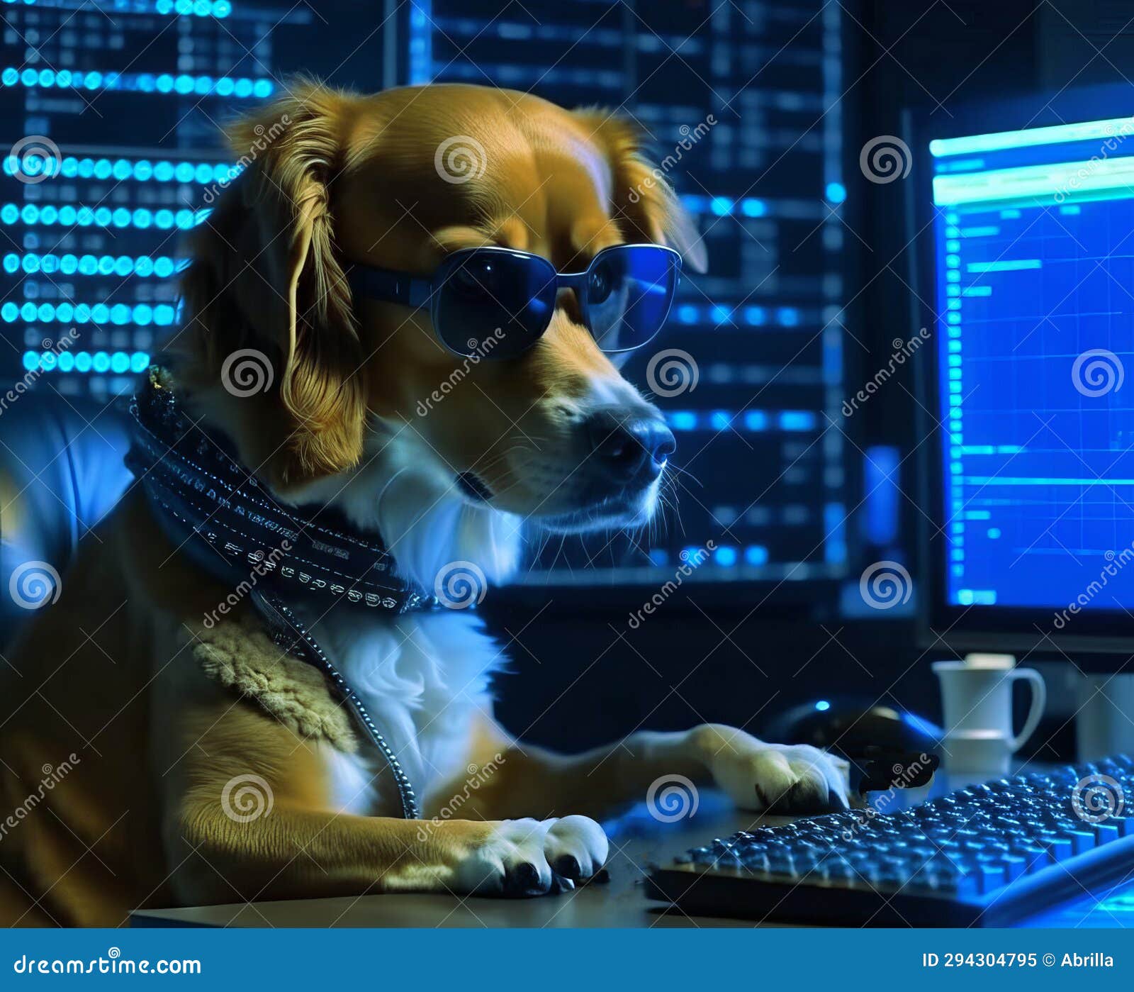 Serious Dog Hacker or Software Developer in a Room with Monitors. a Pet ...