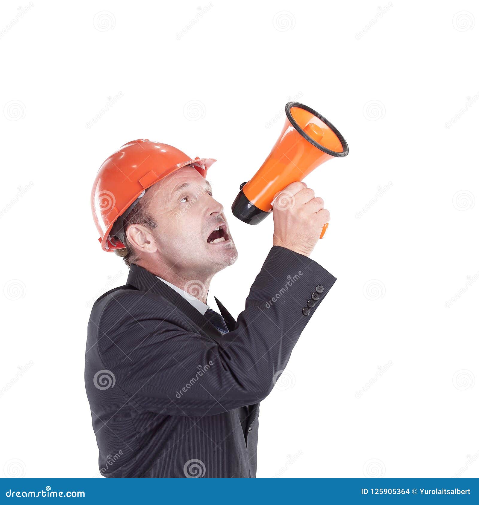 Serious Engineer with a Screaming Megaphone. Photo with Copy Space ...