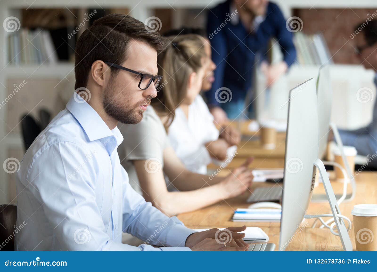 Serious Focused Businessman Looking at Monitor Screen Stock Photo ...