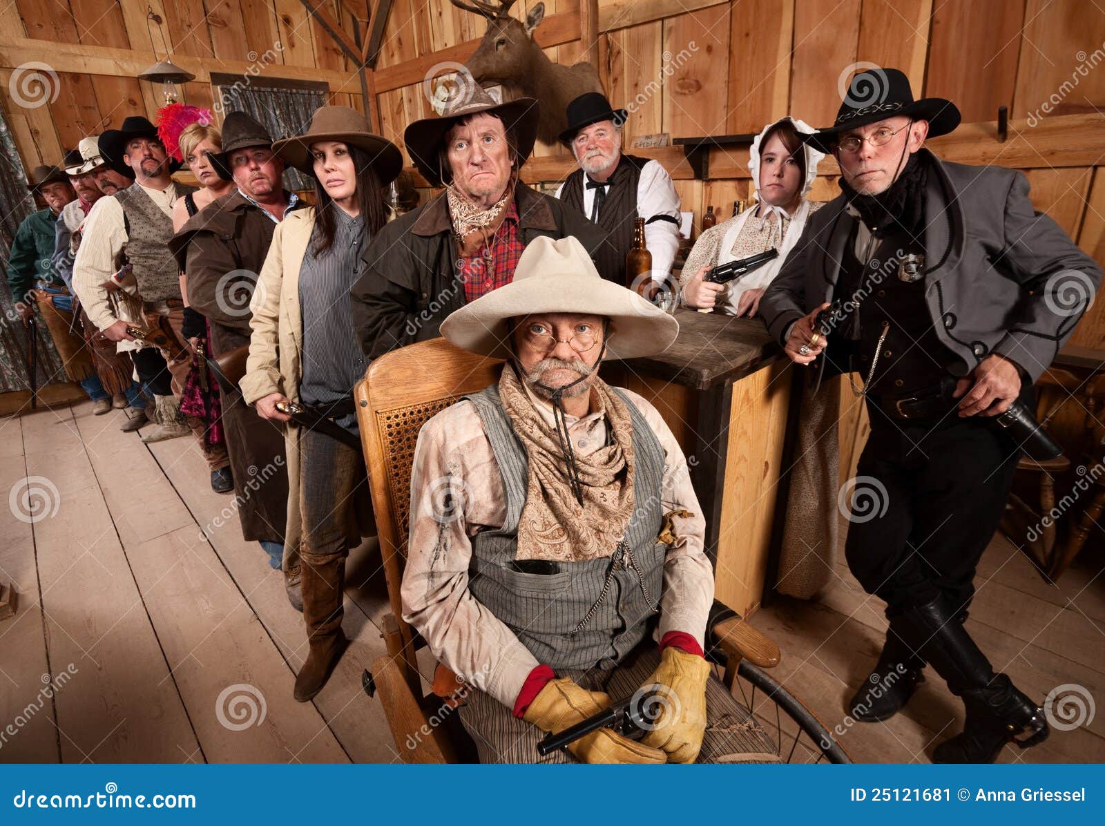 Serious Group of People in Old West Tavern Stock Image - Image of guns ...
