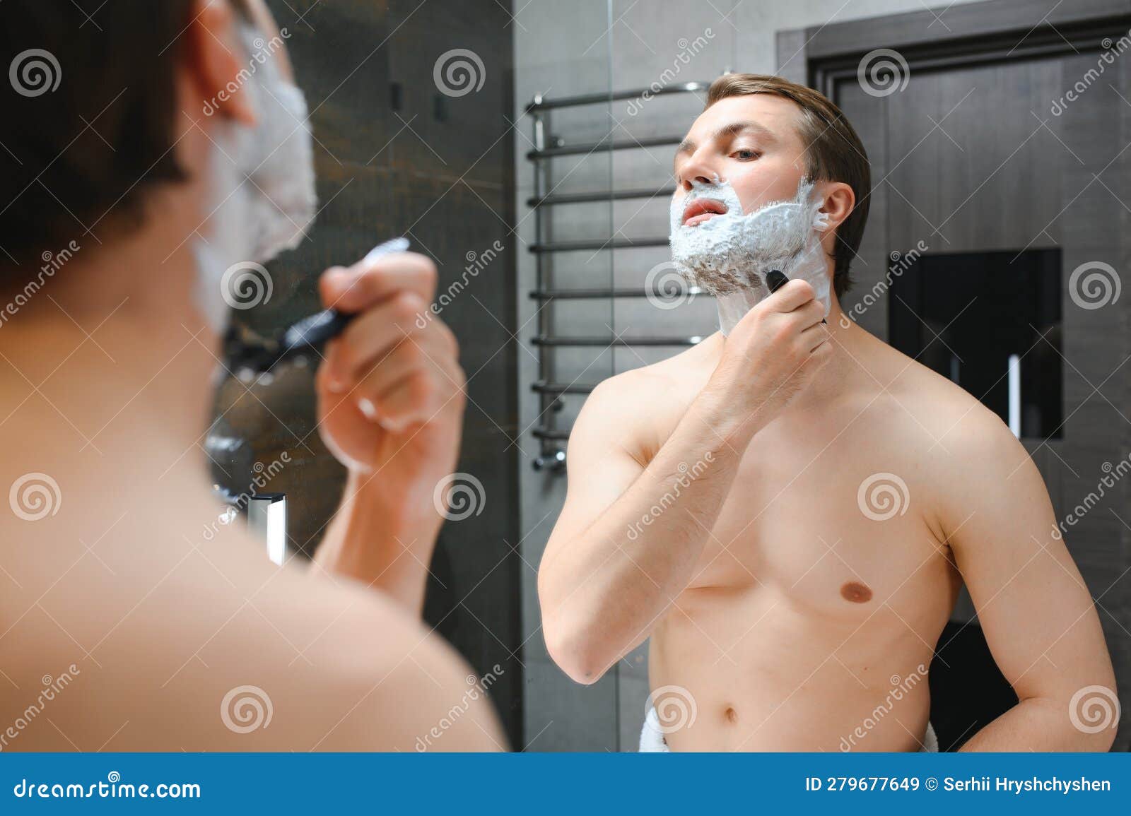 Serious Guy Shaving His Beard Stock Image - Image of morning ...