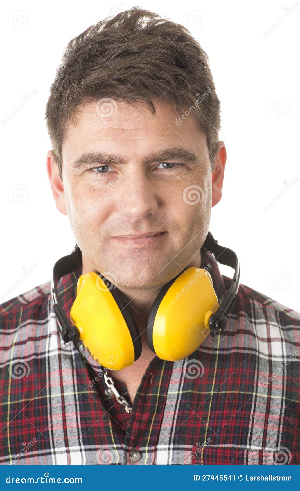Serious Handyman with Earmuffs on White Background Stock Image - Image ...