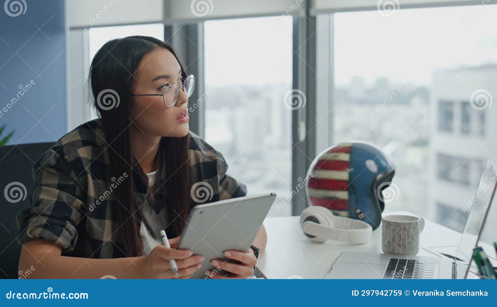 Serious Illustrator Working Computer at Remote Workplace. Creator Using ...