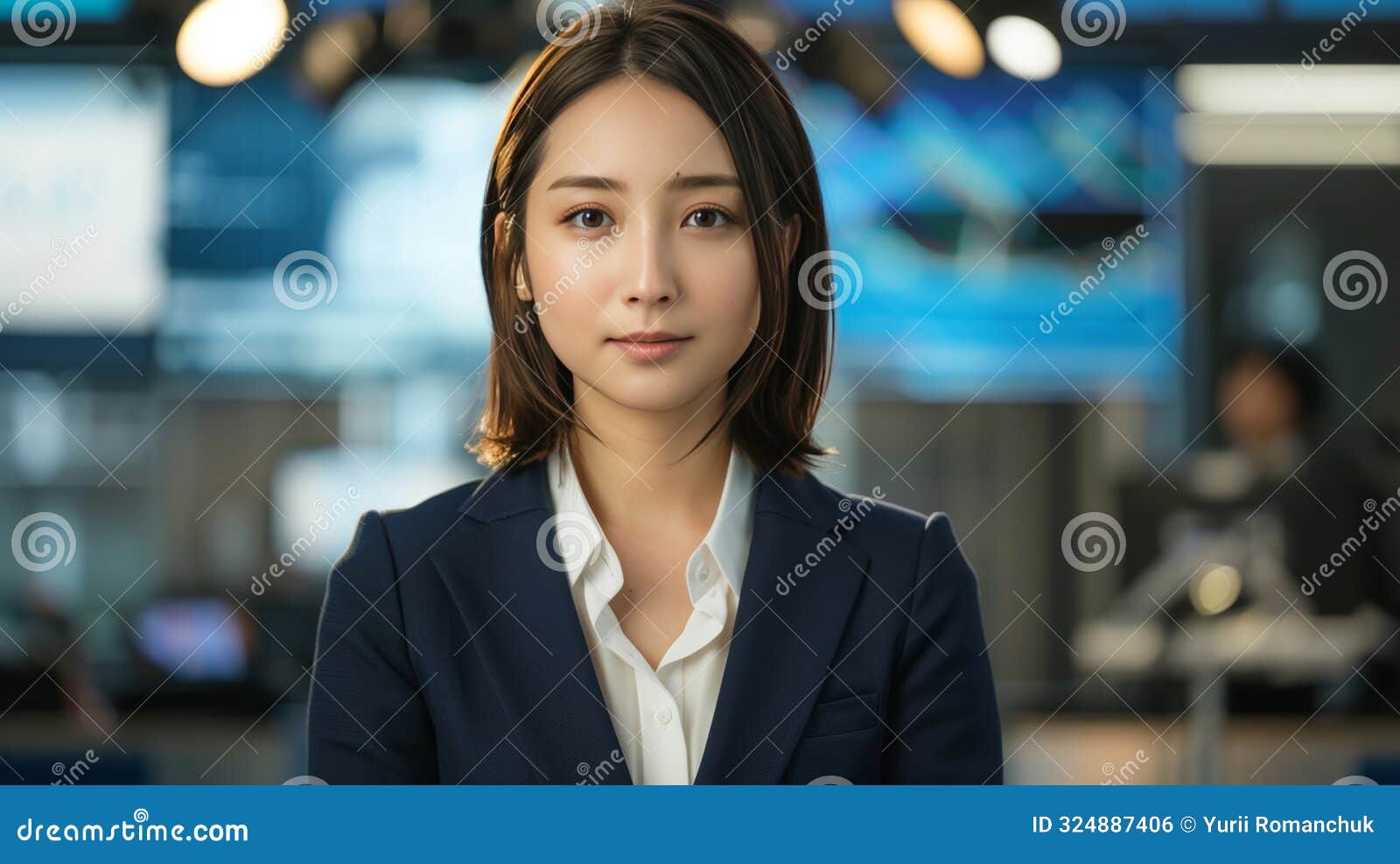 Serious Japanese Female News Anchor Reporting in Studio on News Program ...