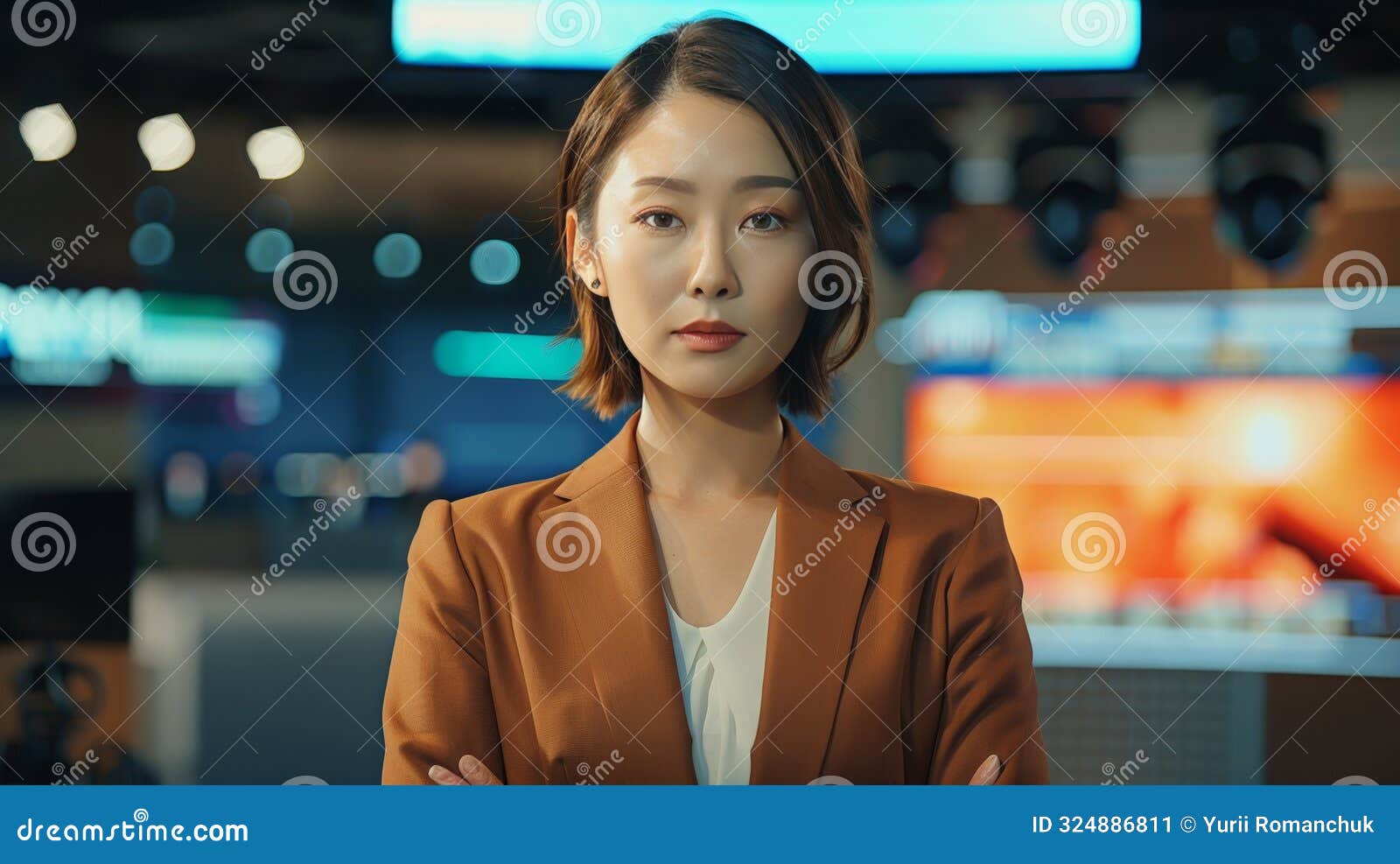 Serious Japanese Female News Anchor Reporting in Studio Realistic Front ...
