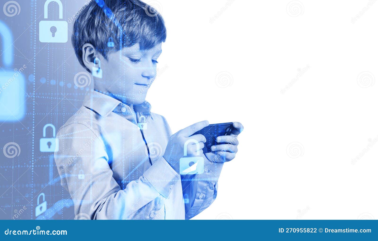 Serious Little Boy with Smartphone, Cybersecurity Interface Stock ...