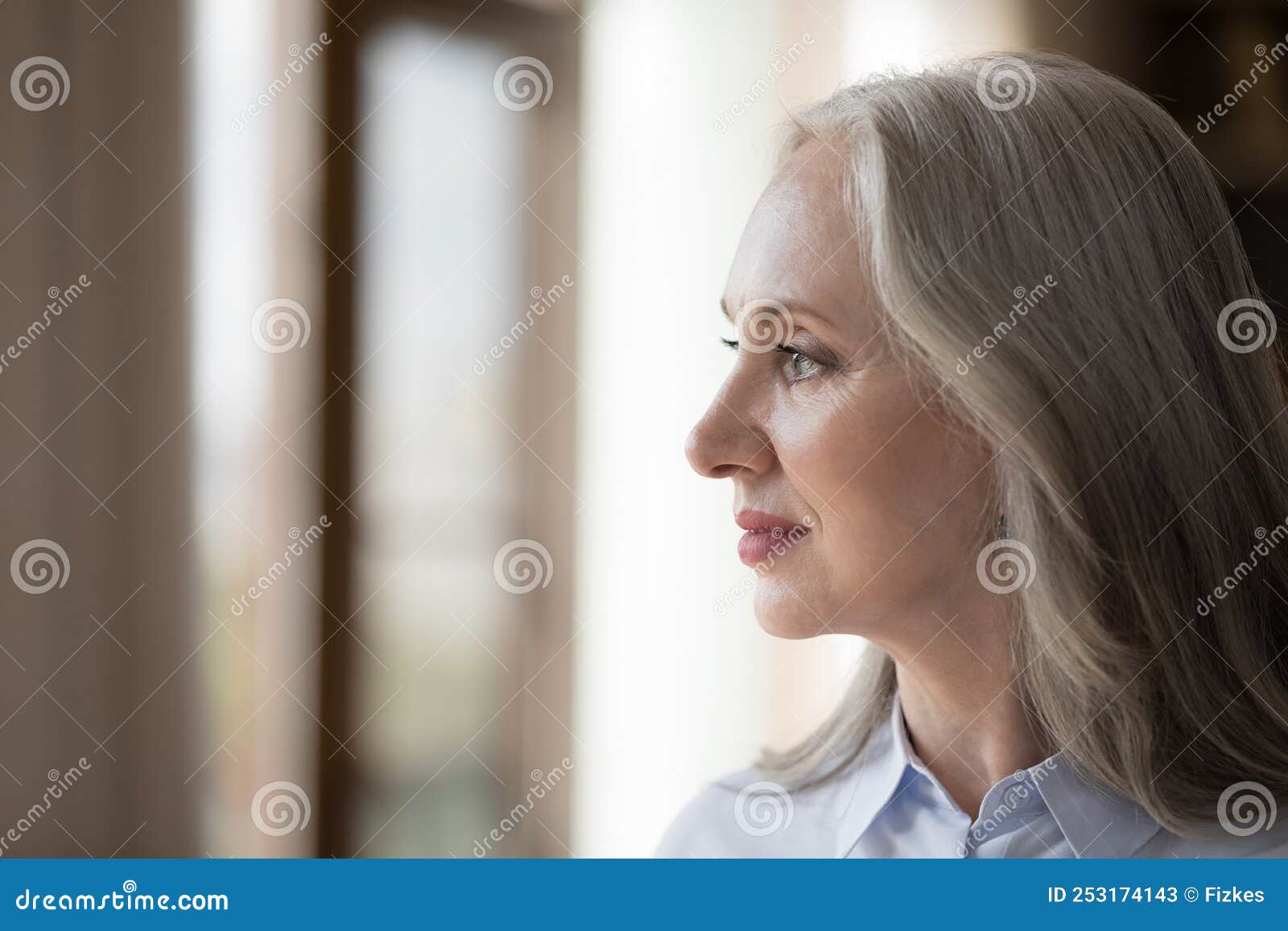 Serious Lonely Senior Lady Looking Away In Deep Sad Thoughts Stock