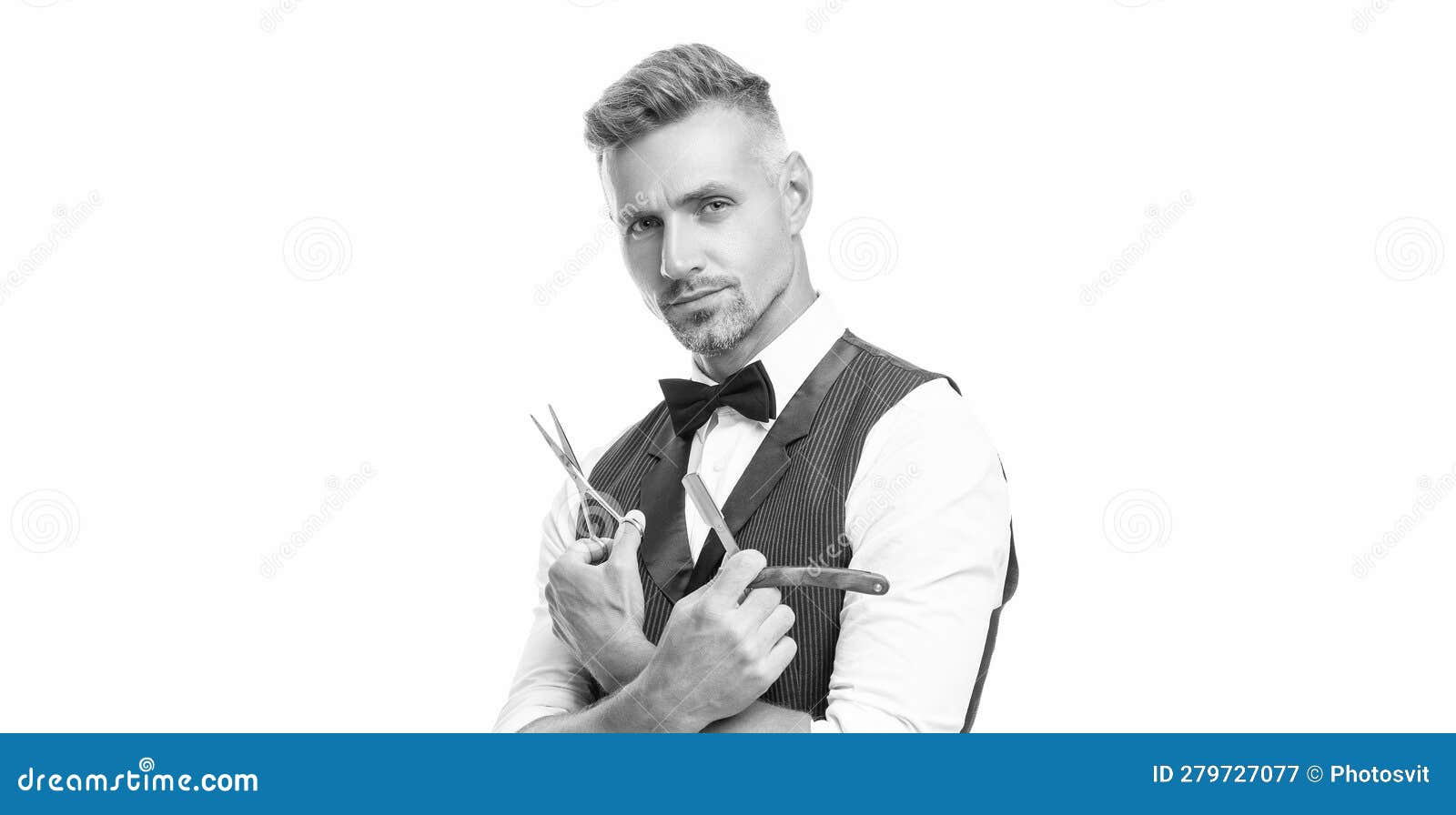 Serious Man Barber with Razor Blade and Scissors in Bow Tie Isolated on ...
