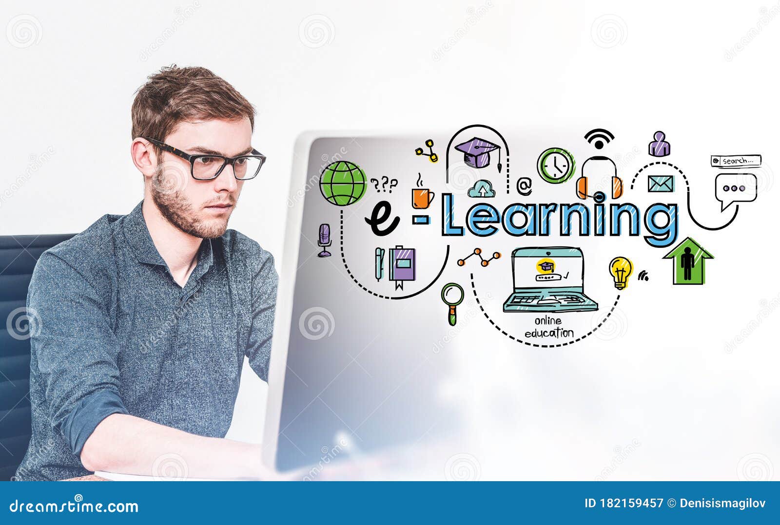 Serious Man with Computer, E Learning Stock Image - Image of computer ...