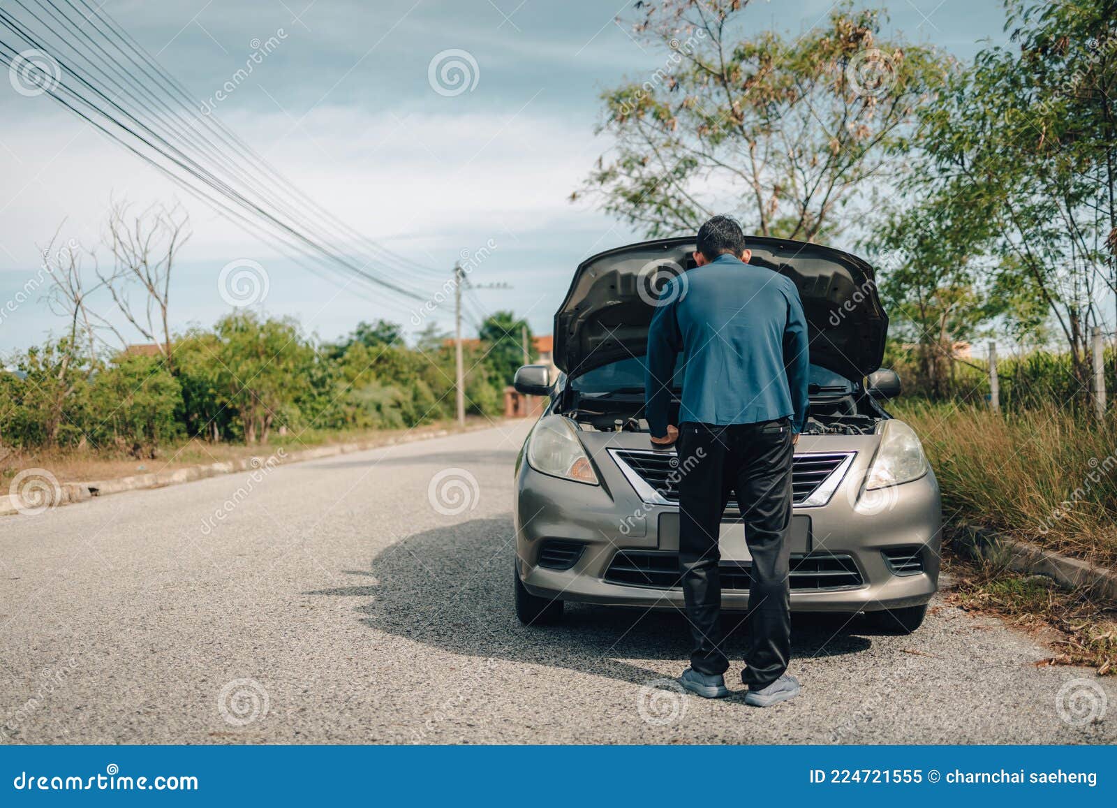 Serious Man Front of Car Breakdown and Open Bonnet on Roadside. Car ...