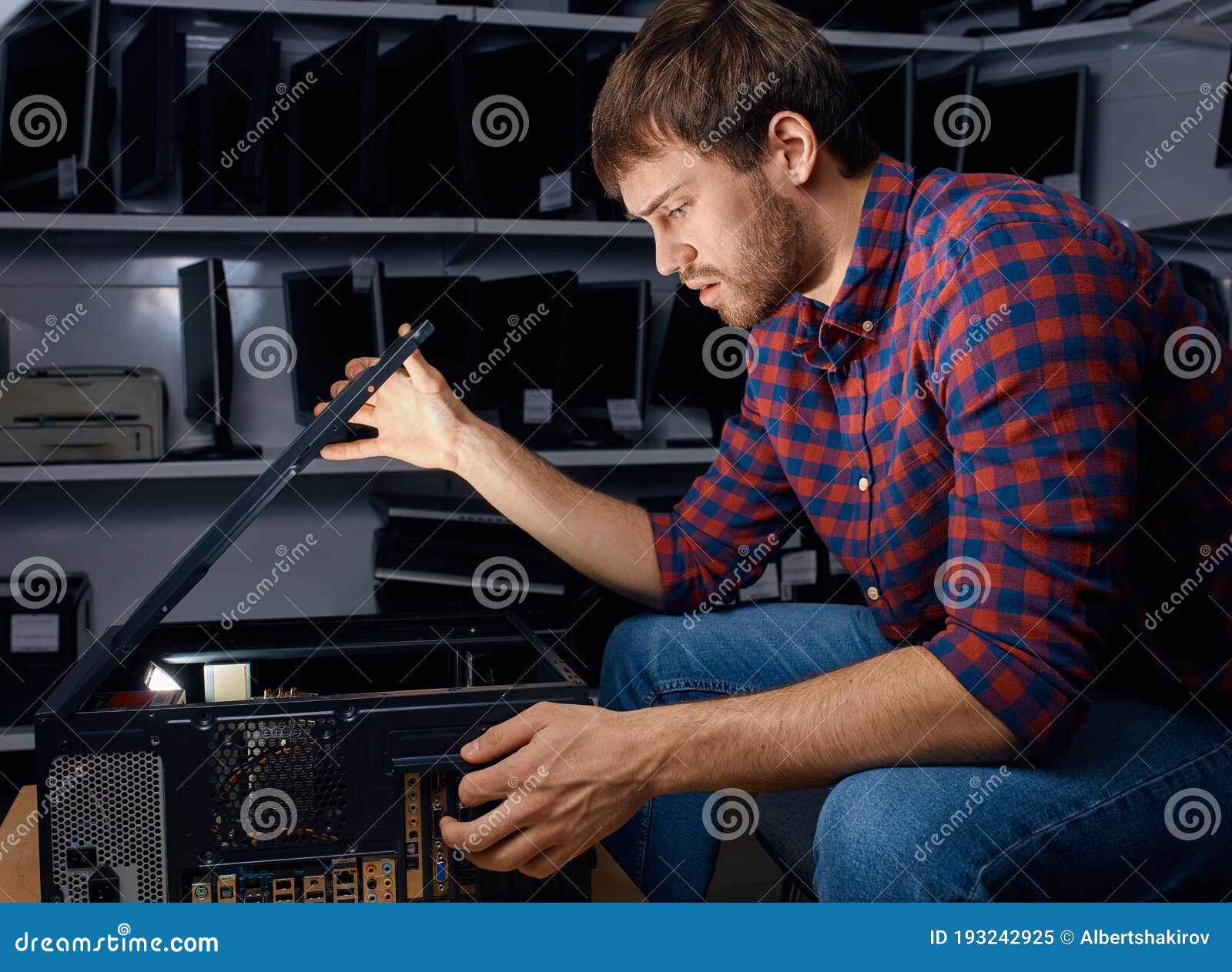 Serious Man Having Problems with System Unit Stock Image - Image of ...