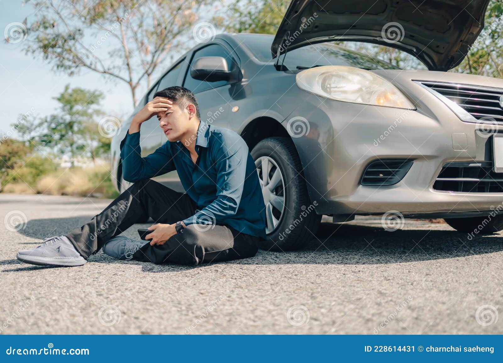 Serious Man Headache Sitting beside Car Breakdown on Roadside. Car ...