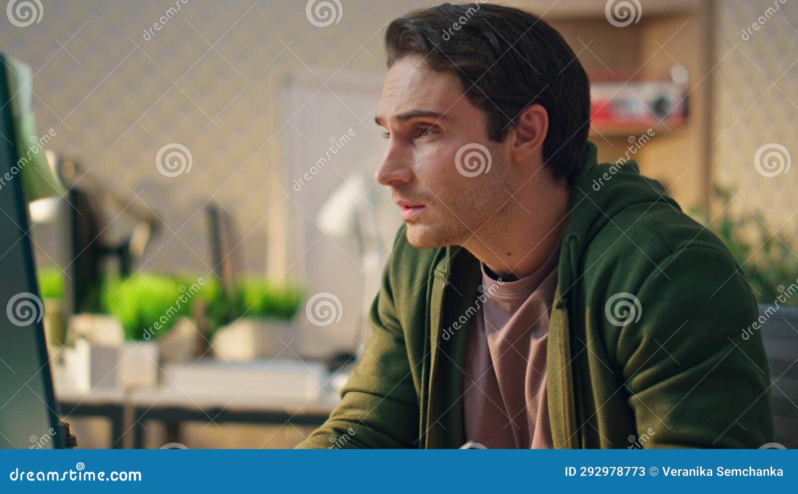 Serious Man Looking Computer Screen at Office Close Up. Creator Using ...