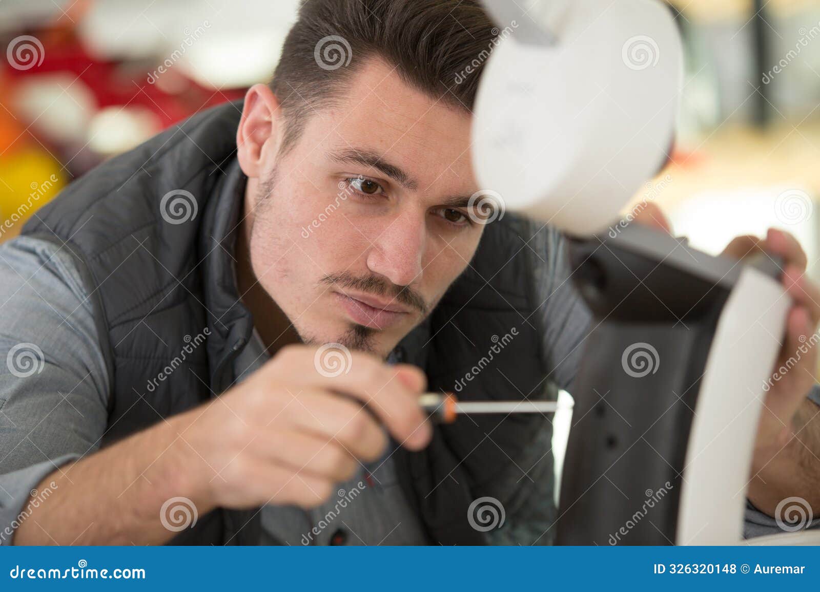 Serious Man Repairing Broken Coffee Machine Stock Photo - Image of ...