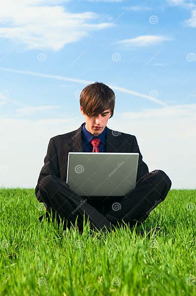 Serious Man Sitting with Computer Stock Image - Image of career ...