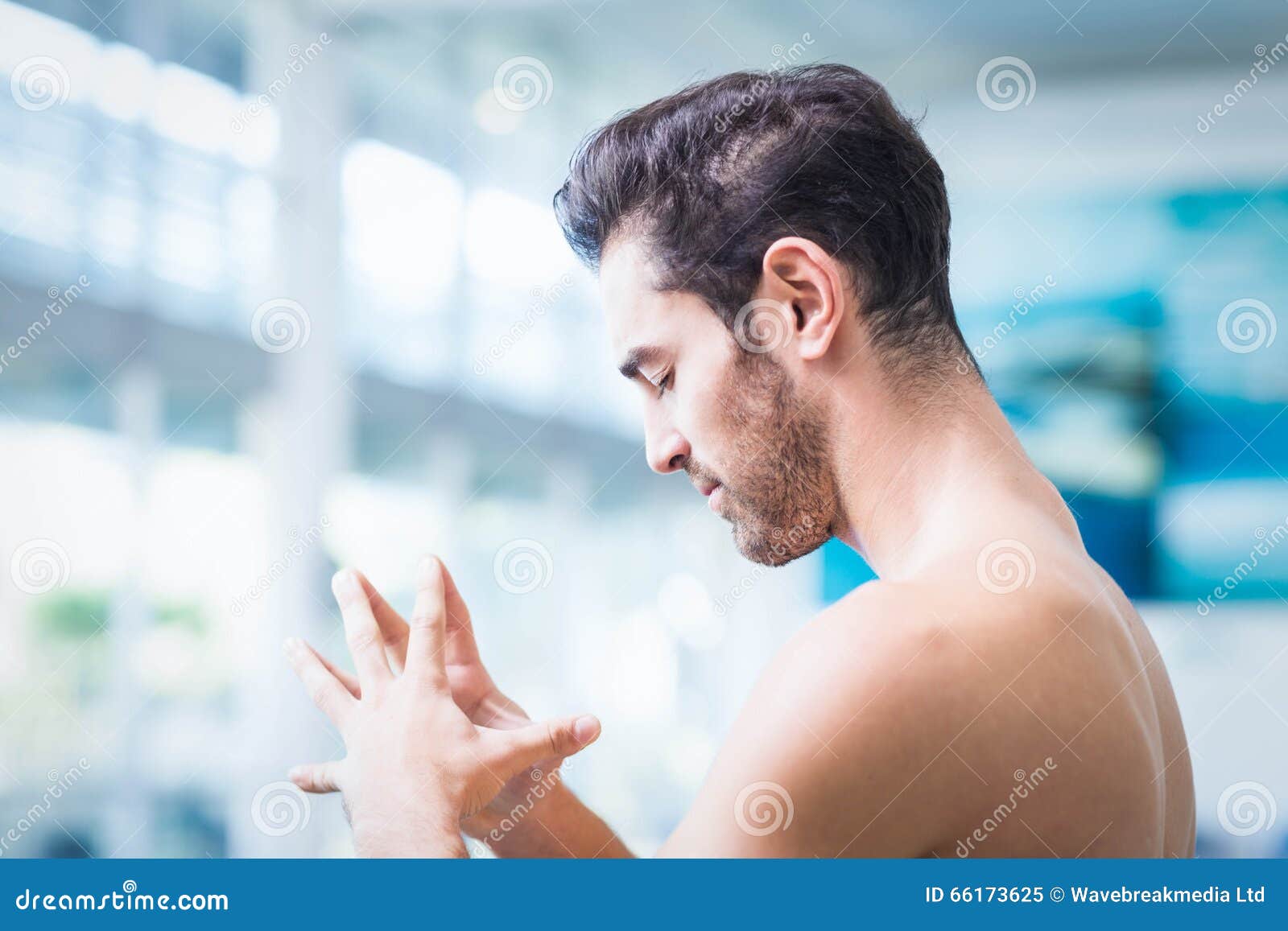Serious Man with Touching Hands Stock Image - Image of fitness, back ...