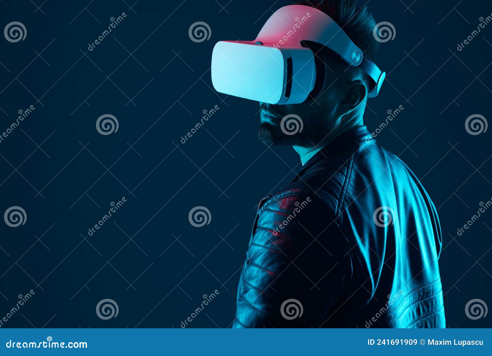 Serious Man in VR Headset in Dark Studio Stock Image - Image of light ...