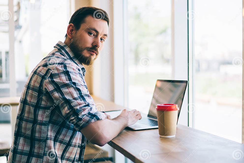 Serious Man Working on Laptop in Cafe Stock Image - Image of ...