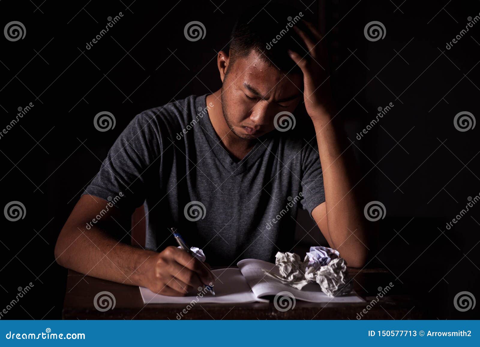 Serious Man Writing in Dark Room Stock Image - Image of confused ...