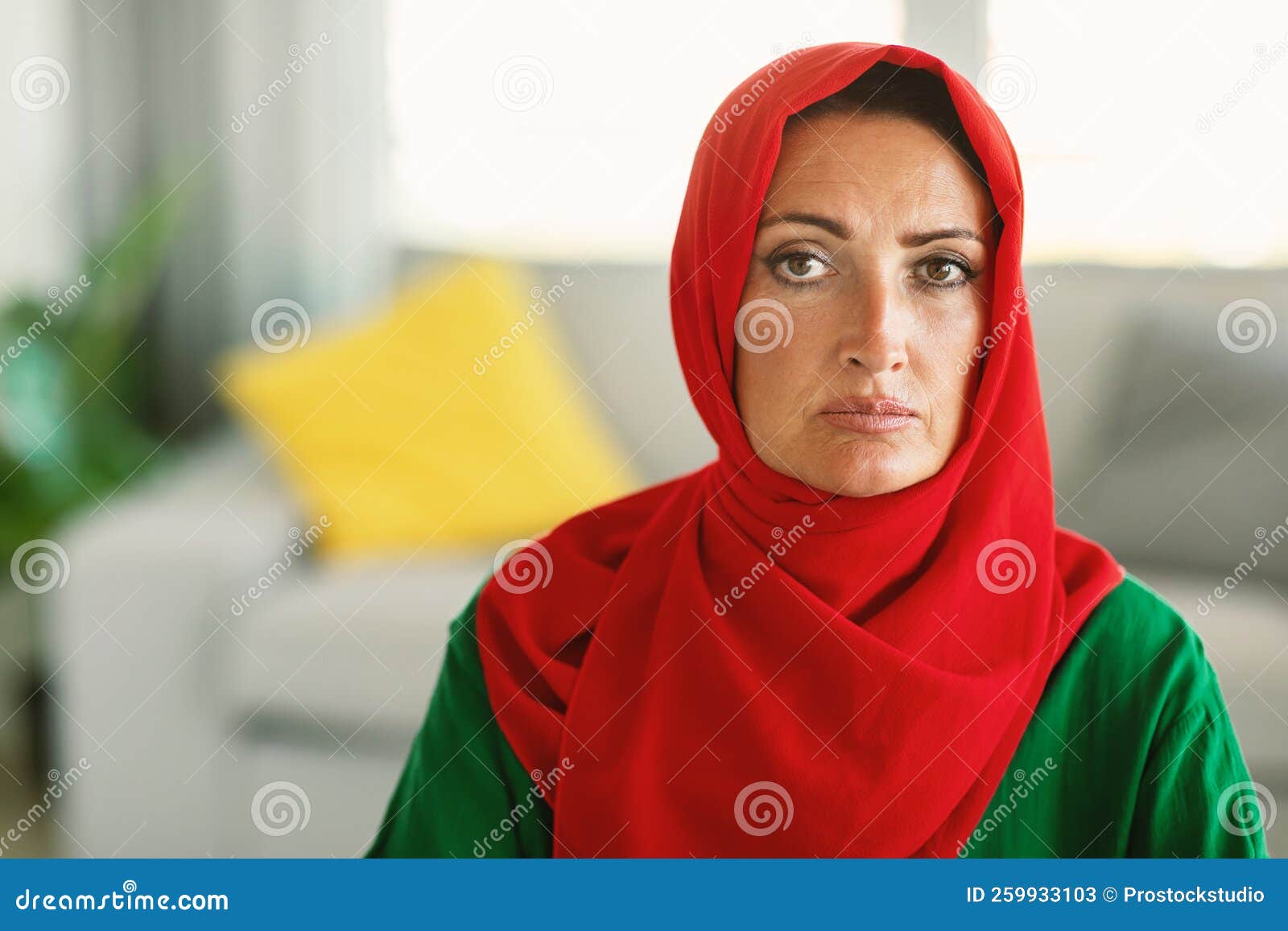 Serious Mature Muslim Lady Wearing Red Hijab Posing At Home Stock Image Image Of Traditional 3851