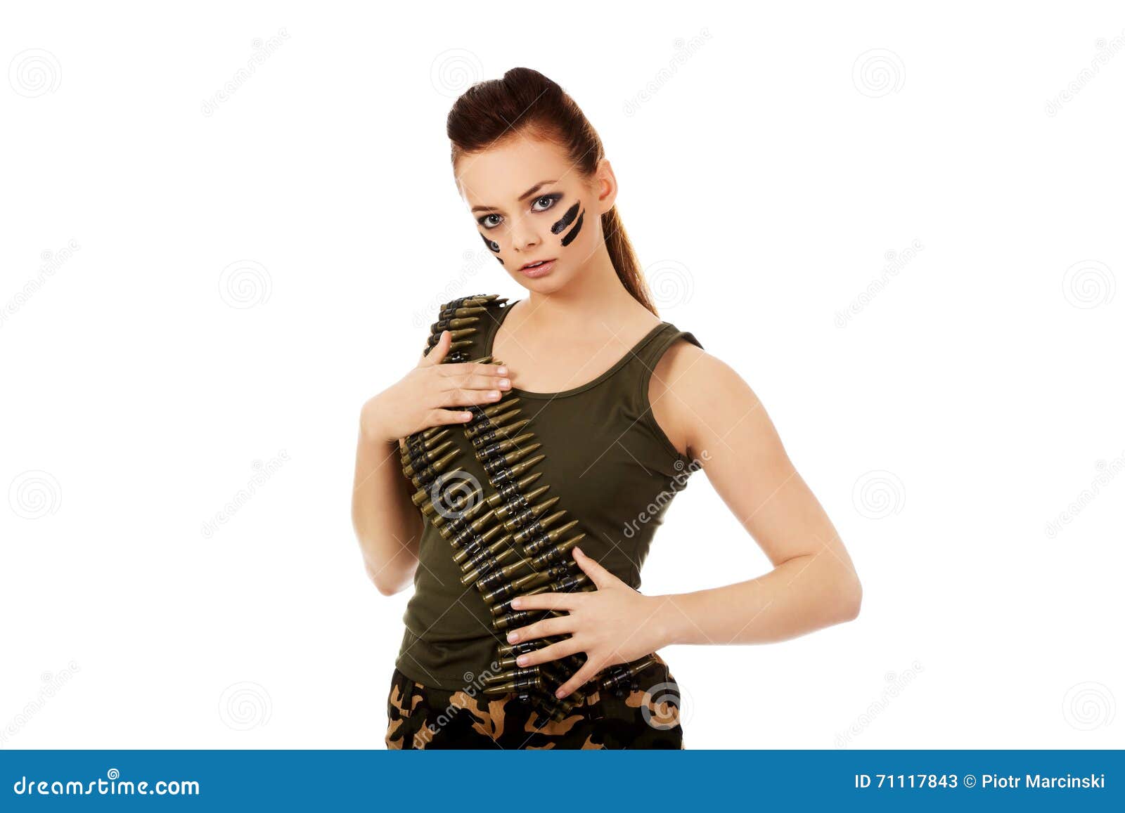 Serious Military Woman with Bullet Belt Stock Image - Image of camera ...