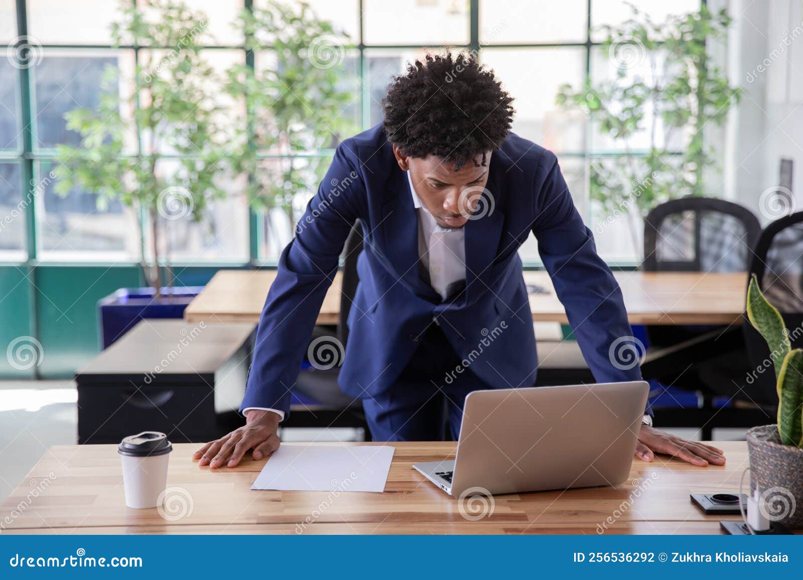 Serious Office Worker Standing and Looking at Laptop Screen Stock Photo ...