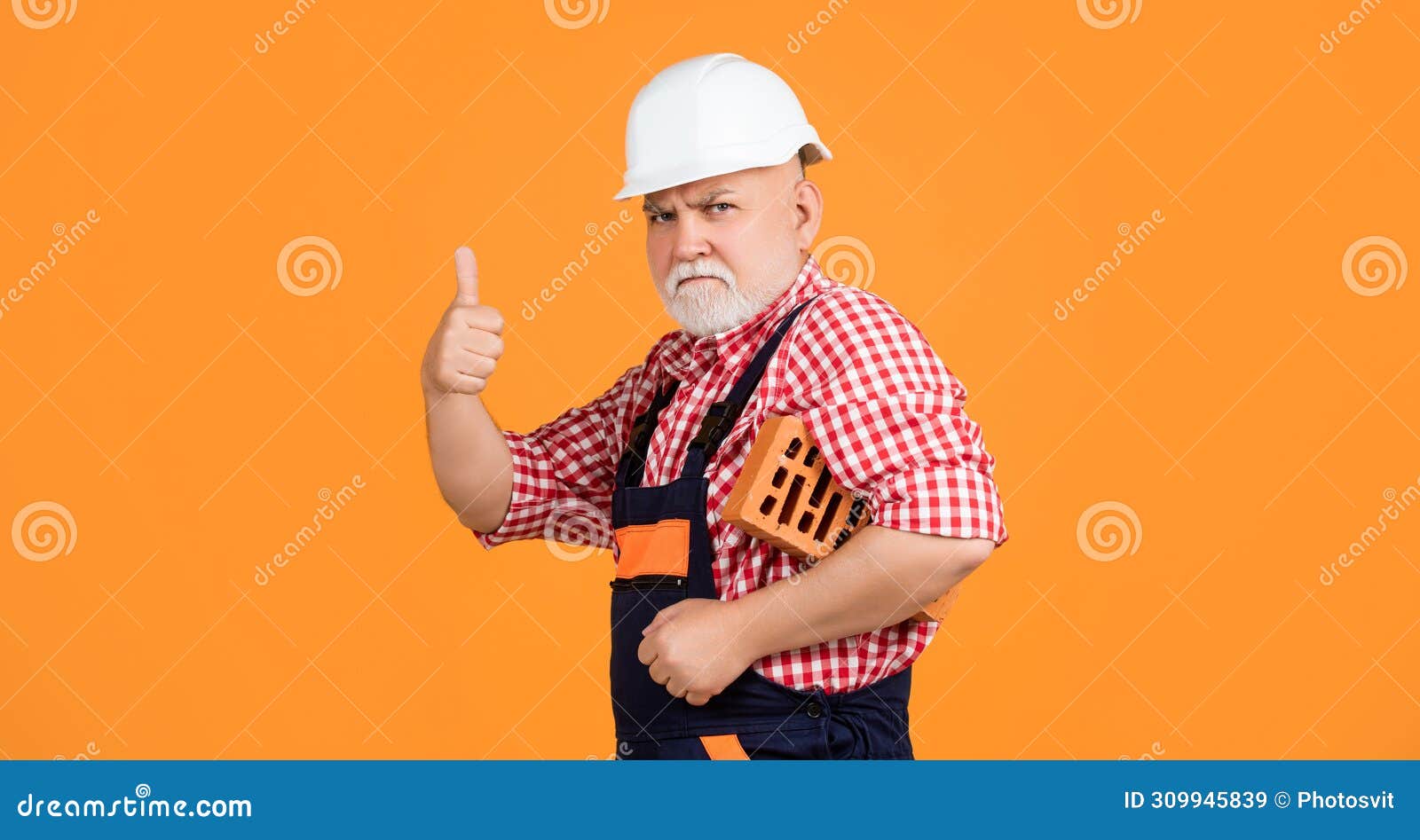 Serious Old Aged Man Bricklayer in Helmet on Yellow Background Stock ...