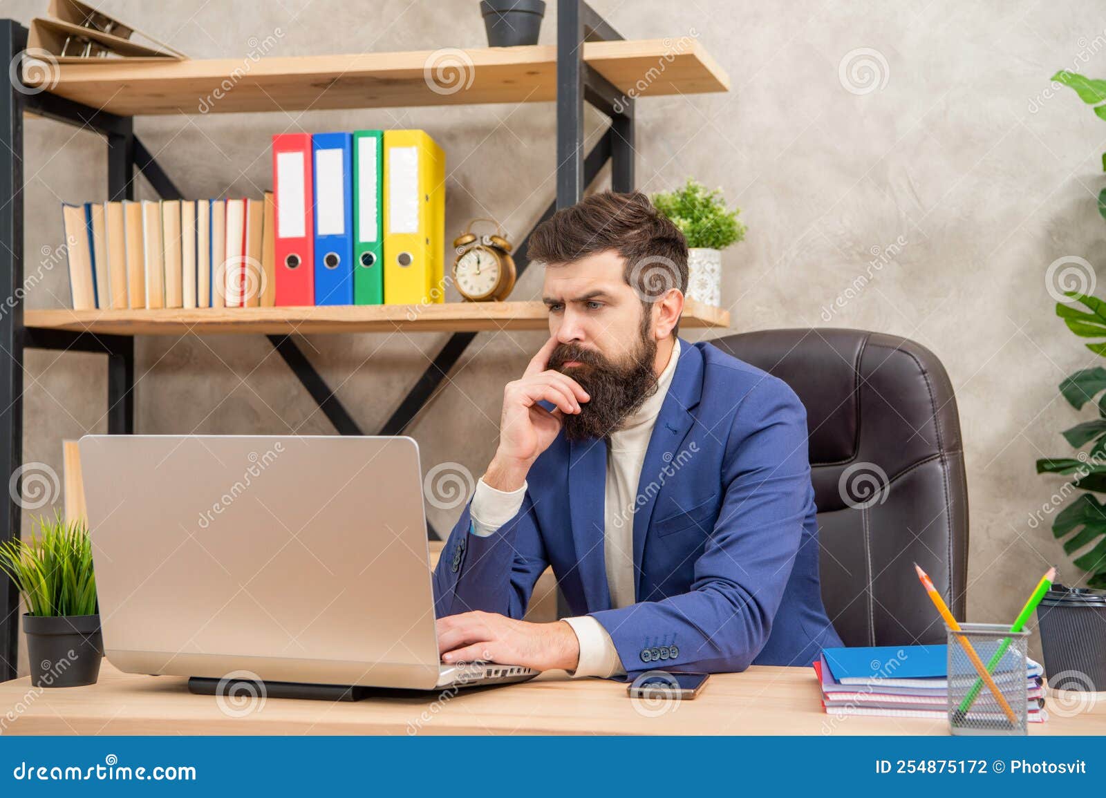 Serious Professional Man in Suit Working on Work Computer in Office ...