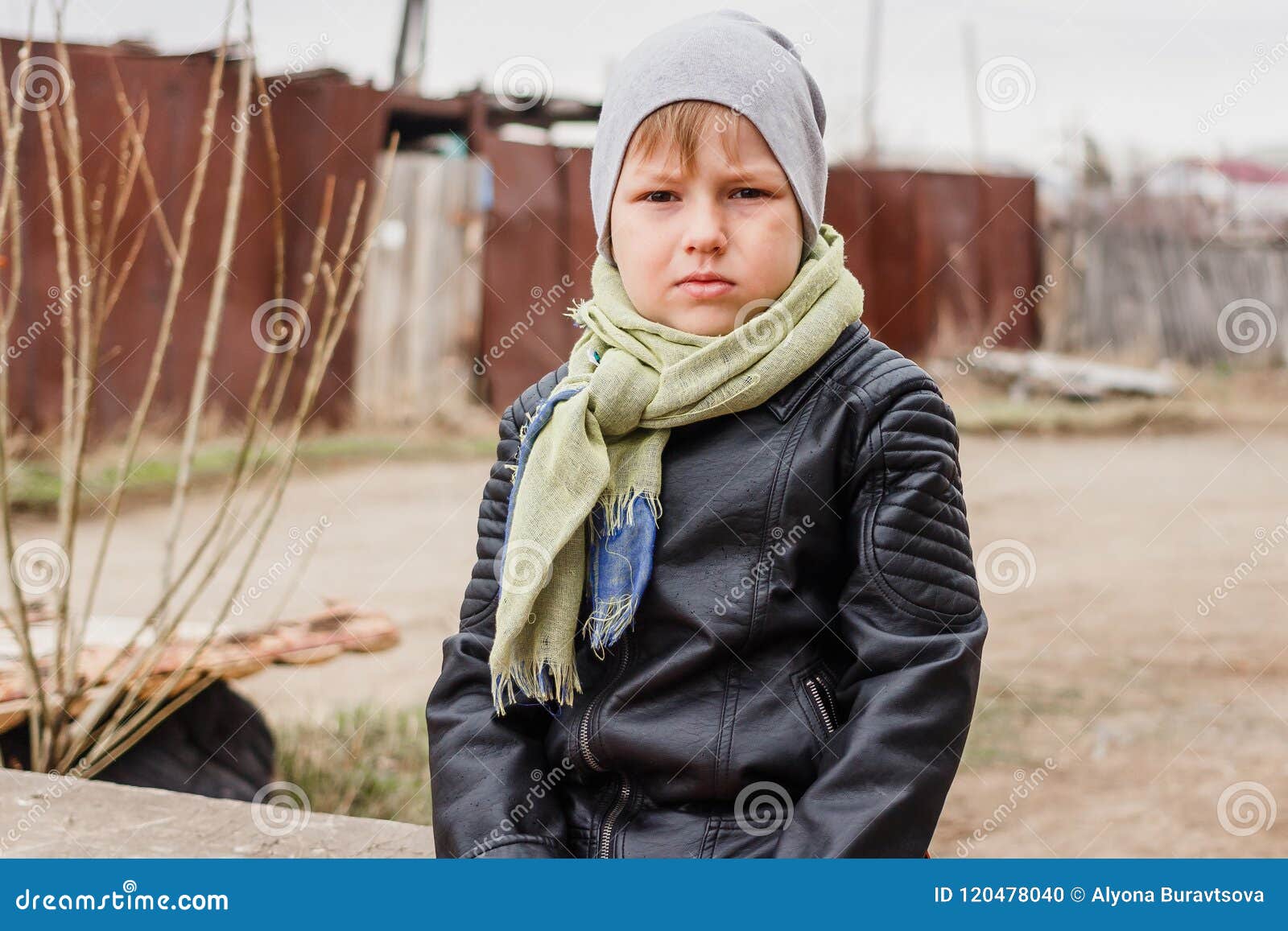 Serious Sad Boy in Leather Jacket and Scarf Stock Photo - Image of mood ...
