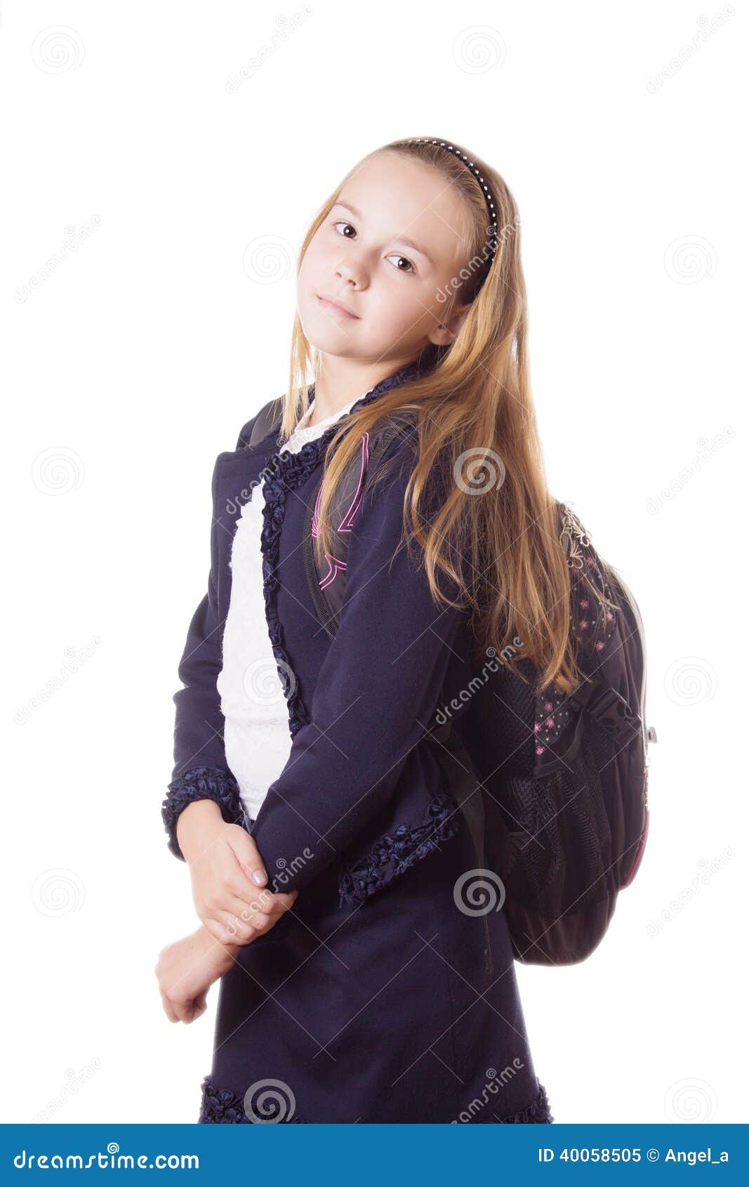 Serious Schoolgirl in Uniform and with Bag Stock Image - Image of ...