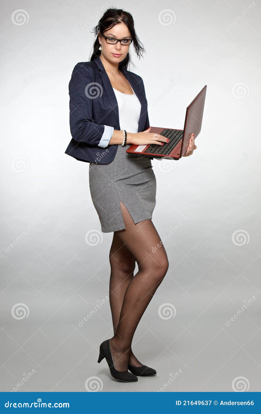 Serious Secretary with Red Laptop Stock Image - Image of beautiful ...